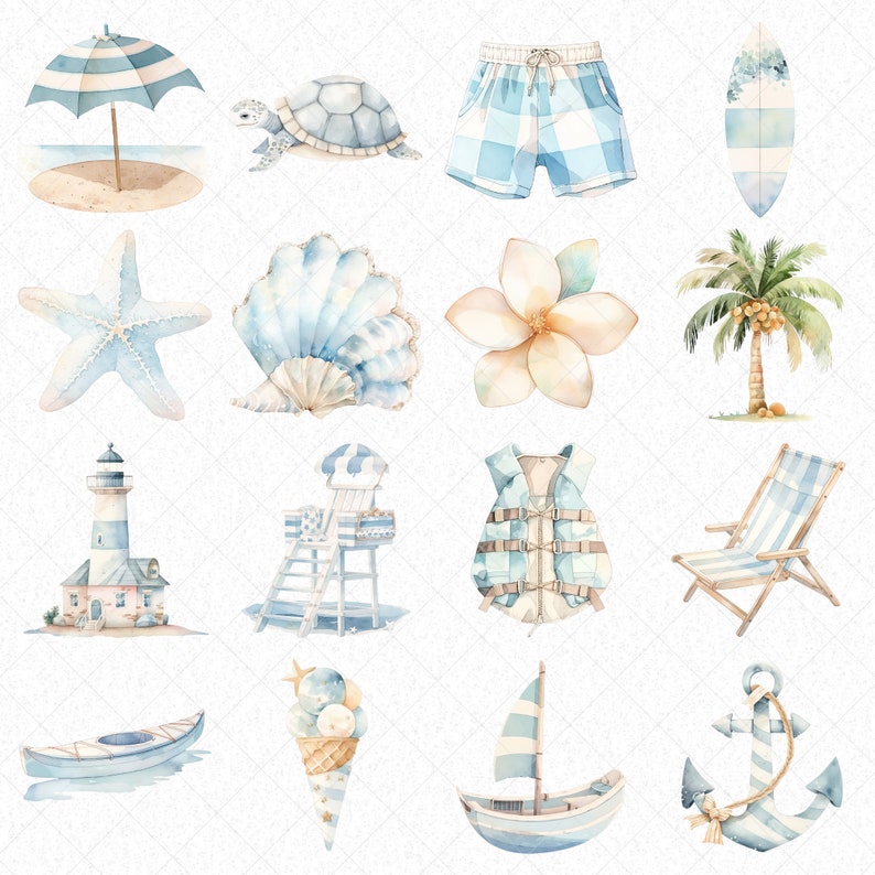 Watercolor Summer Beach Clipart Bundle, Ocean Cottagecore Style ...
