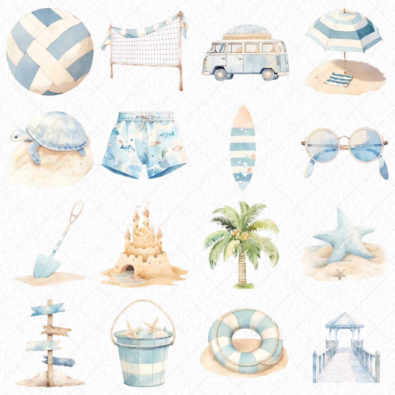 Watercolor Summer Beach Clipart Bundle, Ocean Cottagecore Style ...