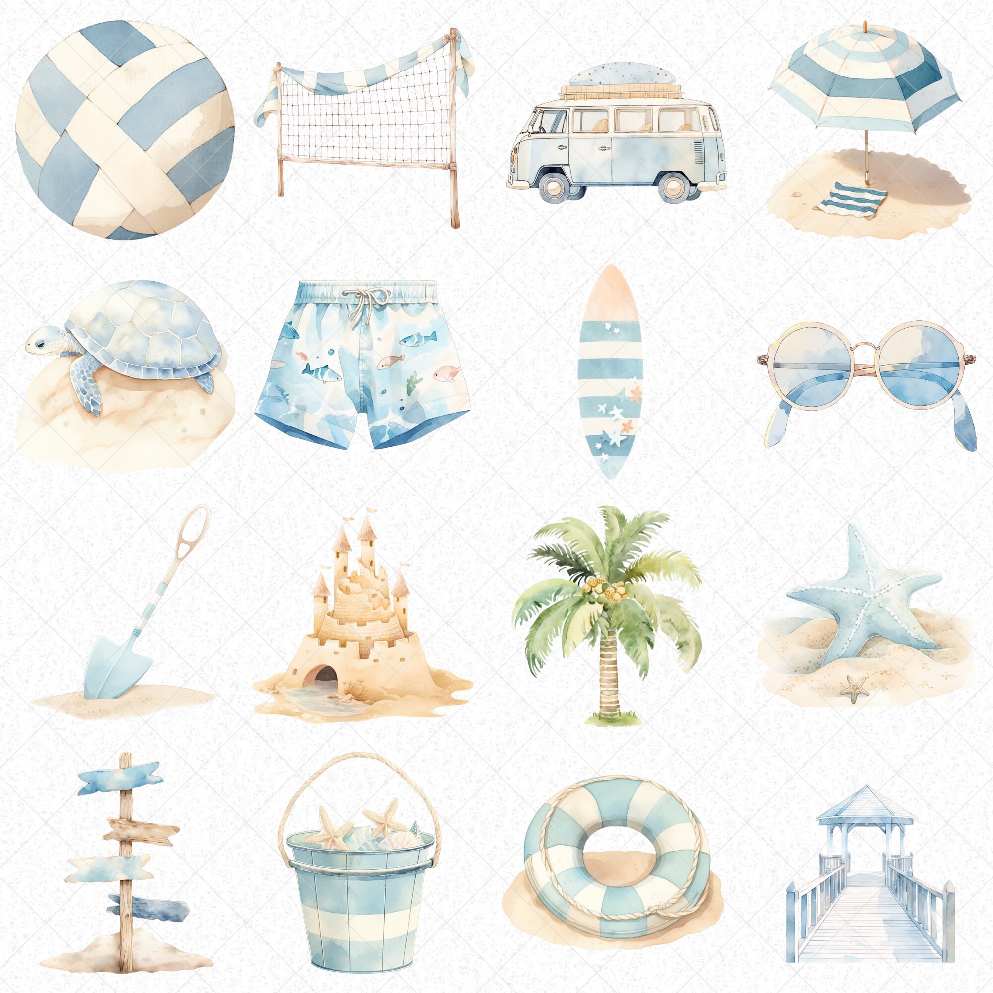 Watercolor Summer Beach Clipart Bundle, Ocean Cottagecore Style ...