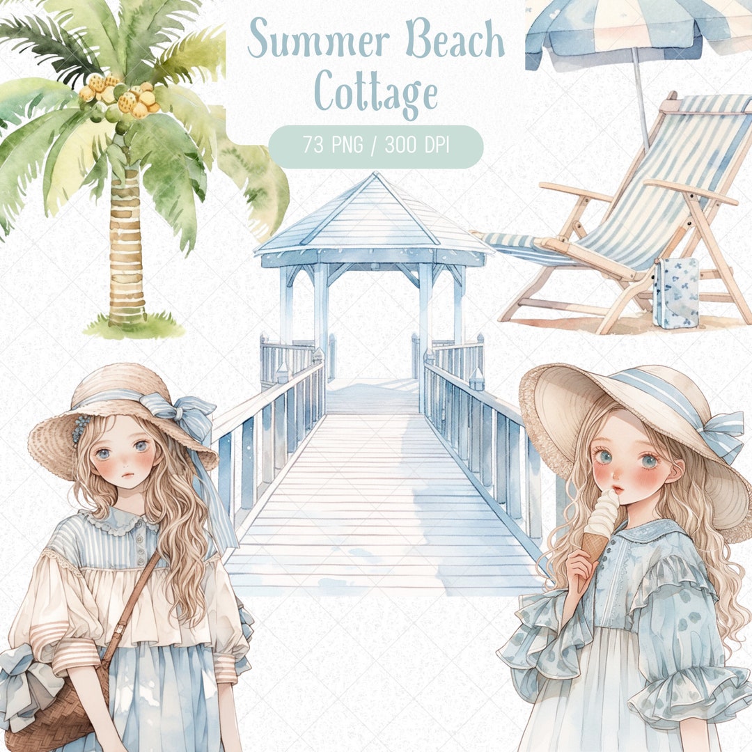 Watercolor Summer Beach Clipart Bundle, Ocean Cottagecore Style ...
