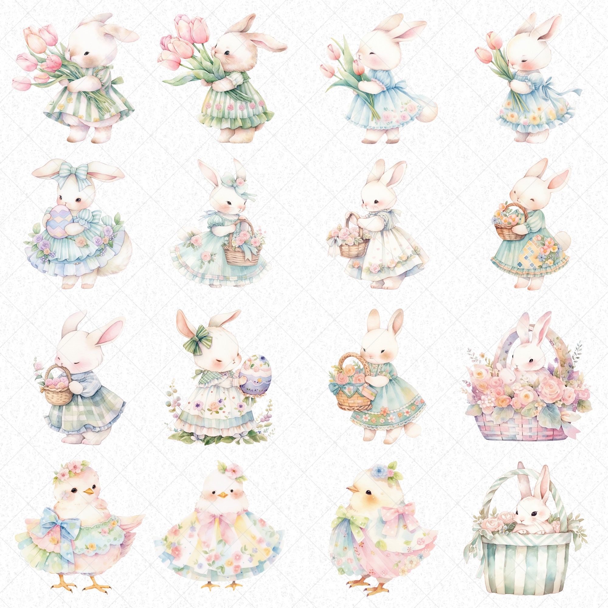 Watercolor Pastel Bunny Clipart Bundle, Cottagecore Easter Graphics ...