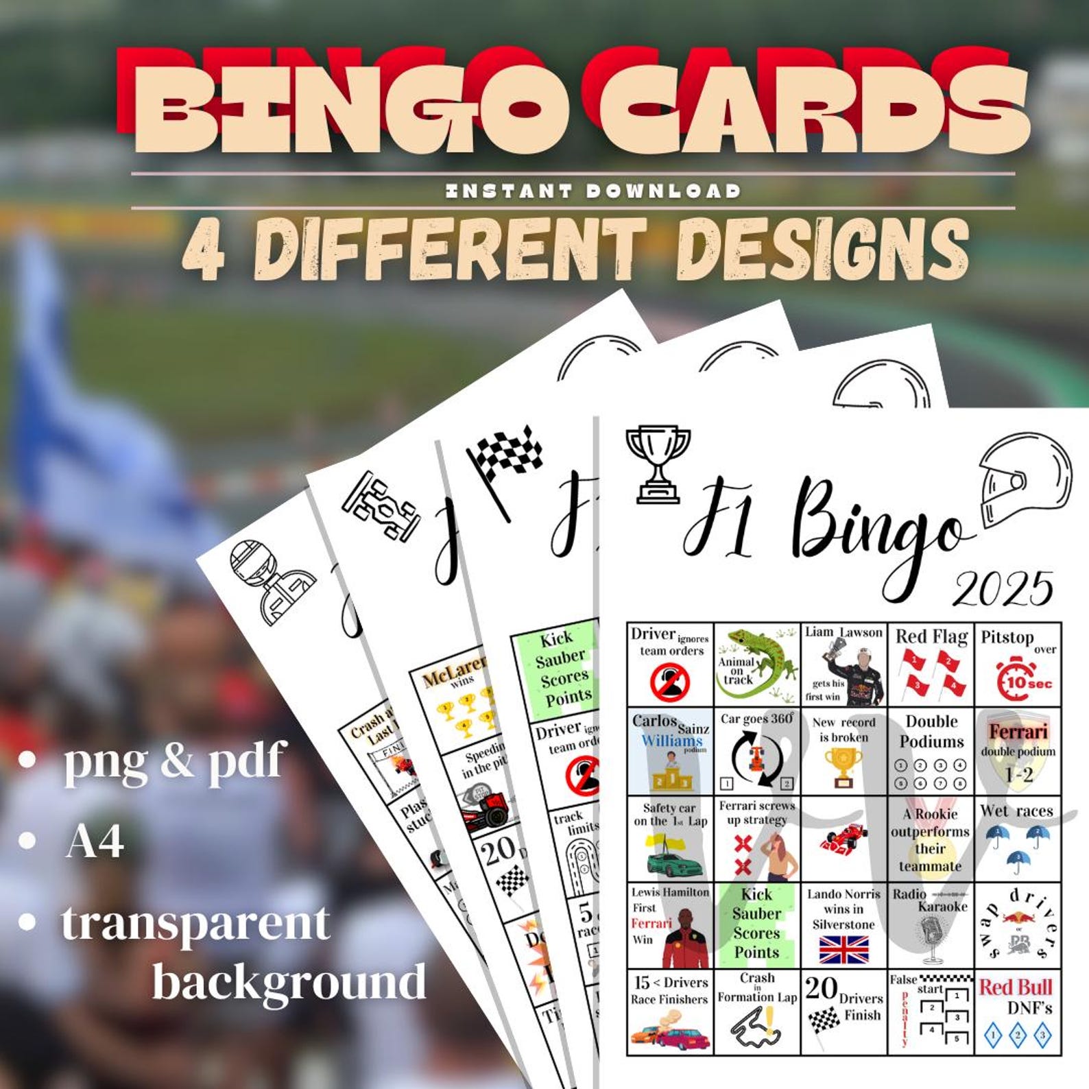 Formula 1 Bingo Cards 2025: Racing Game, 4 Unique Designs (digital ...