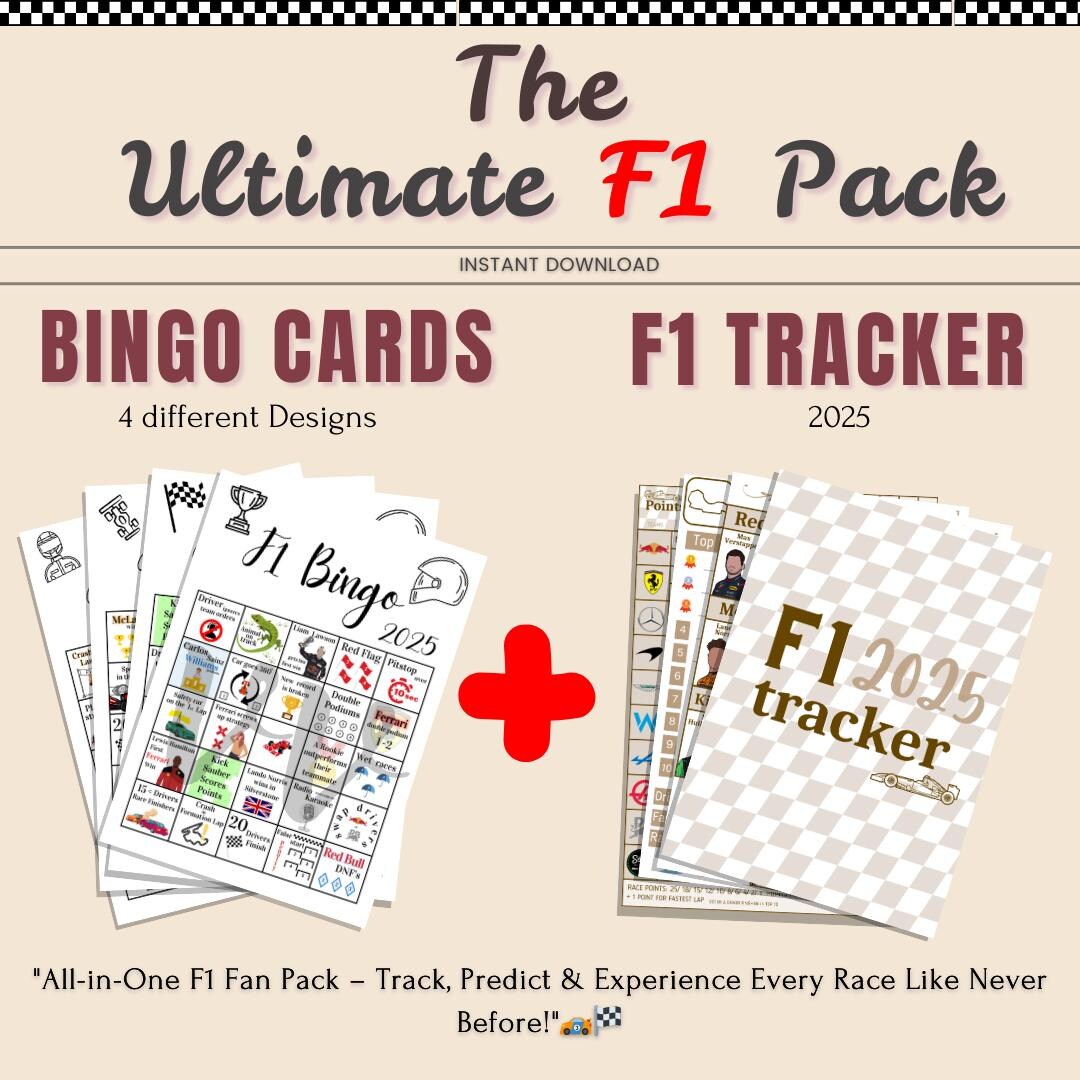 Formula 1 Digital Bundle: 2025 F1 Race Tracker/journal + F1 Bingo Cards ...