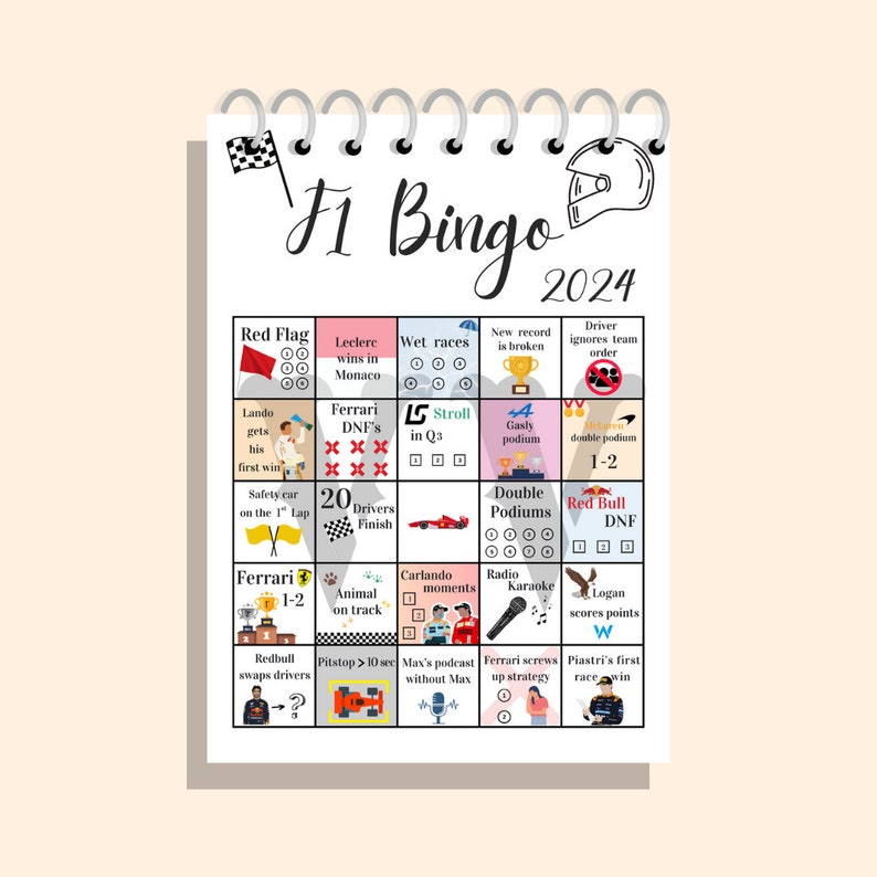 Digital Formula 1 Bingo Card 2024 Racing Game for Fans, Perfect for ...