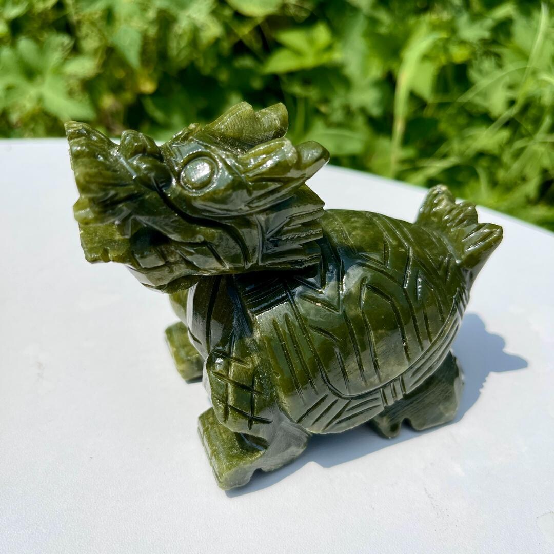Fengshui Green Jade Dragon Turtle Carving, Crystal Dragon Turtle Statue ...