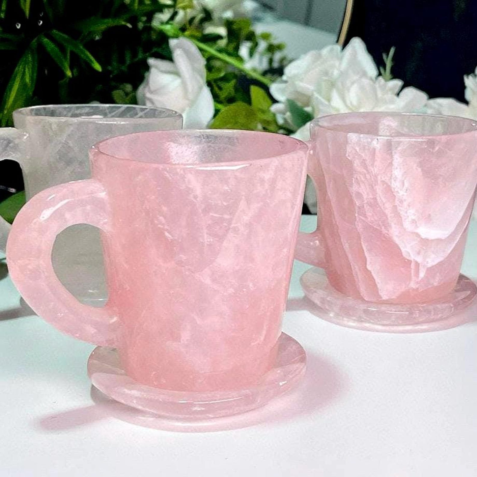 Hand-carved Rose Quartz Heart Coffee Mug Set | Crystal Tea Cups ...