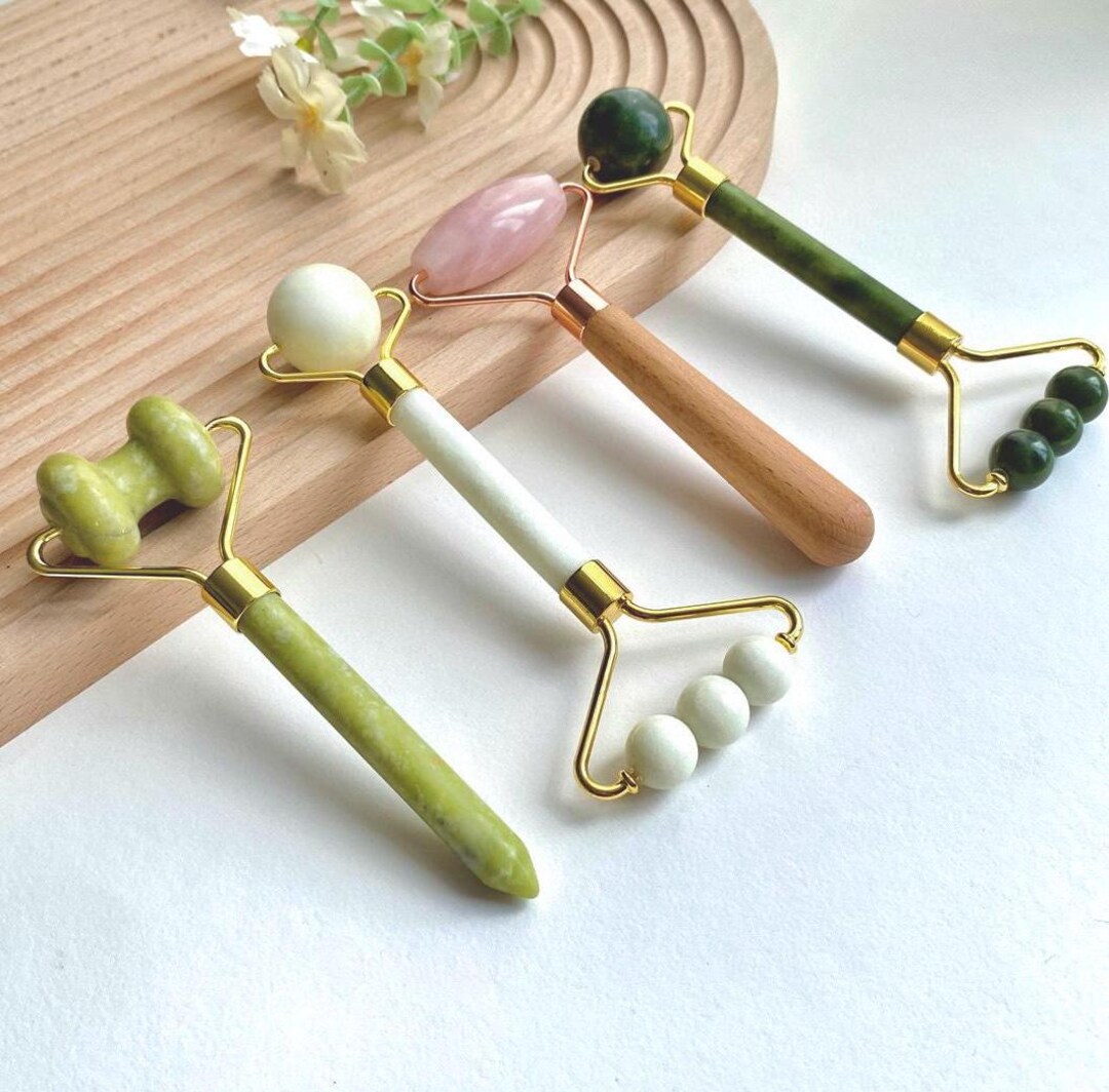 Natural Jade Rolling Massage Tool, Crystal Face Roller, Wooden Handle ...