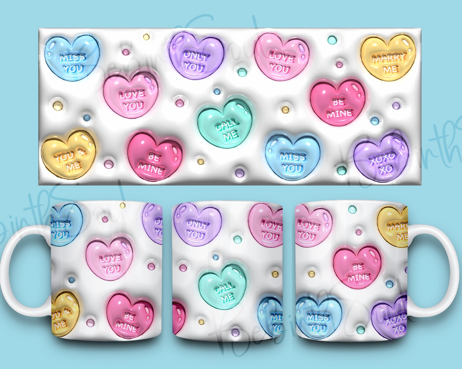 3D Puffy Inflated Conversation Candy Heart Mug Wrap, 11oz and 15oz ...