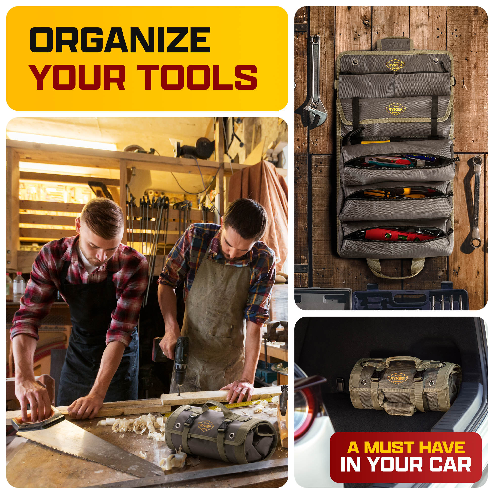 The Ryker Bag PRO Tool Roll Organizer– 4 Detachable Tool Pouches+wrench ...
