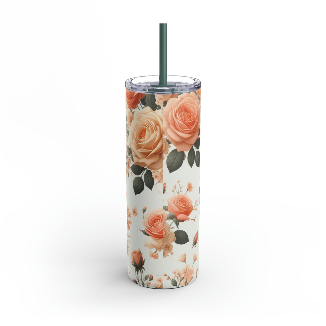 Personalized Peach Floral Tumbler: 20oz Matte Stainless Steel Insulated ...