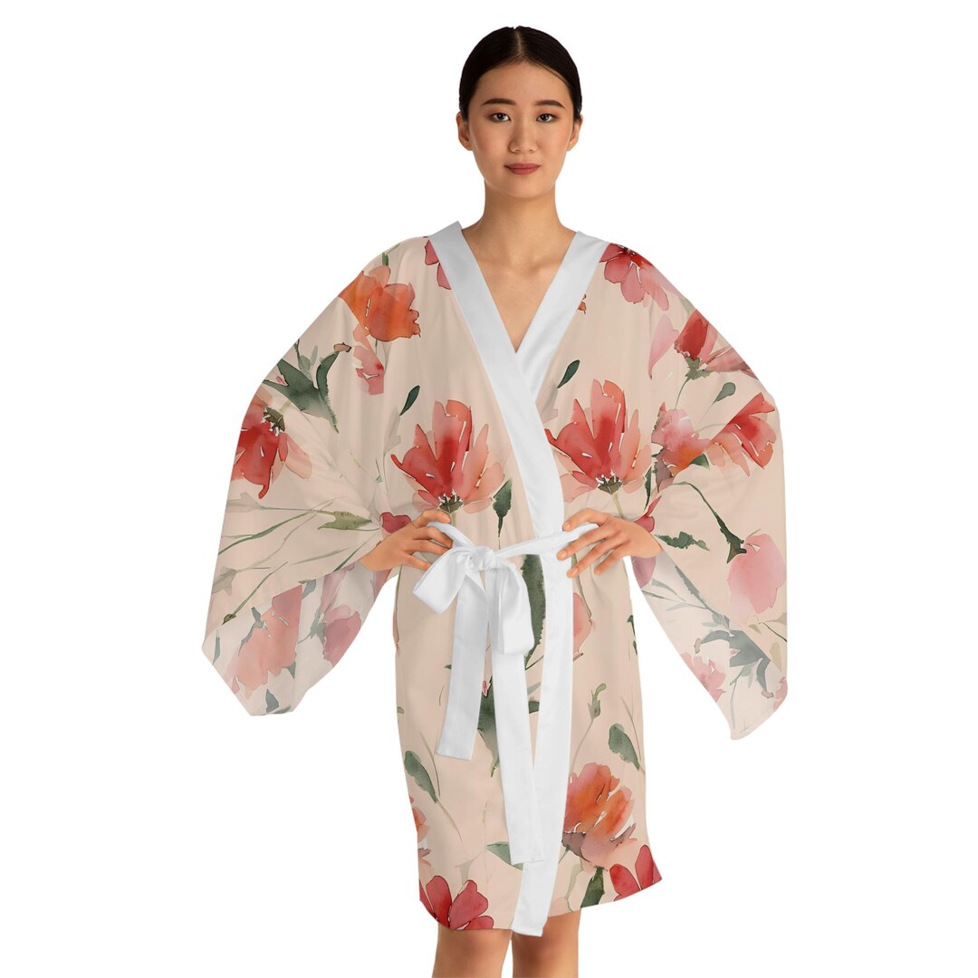 Floral Kimono Robe, Japanese Style Robe, Long Sleeve Robe, Cozy Lounge ...