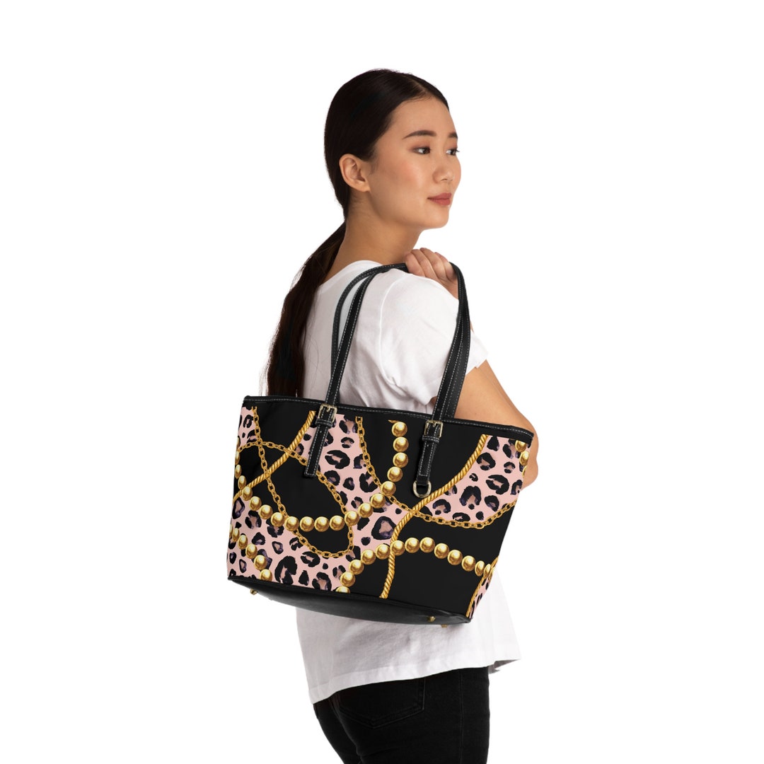 Pink Leopard Print Shoulder Bag: Gold Chain & Pearls, Personalized PU ...