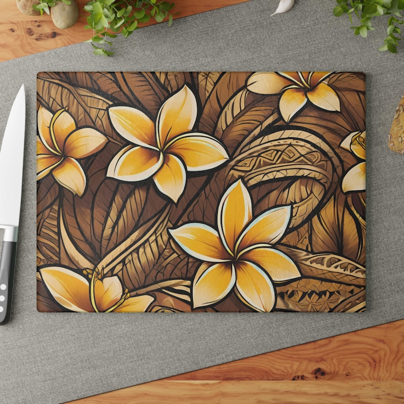 Polynesian Flower Tribal Glass Cutting Board, Kitchen Decor, Hawaiian ...