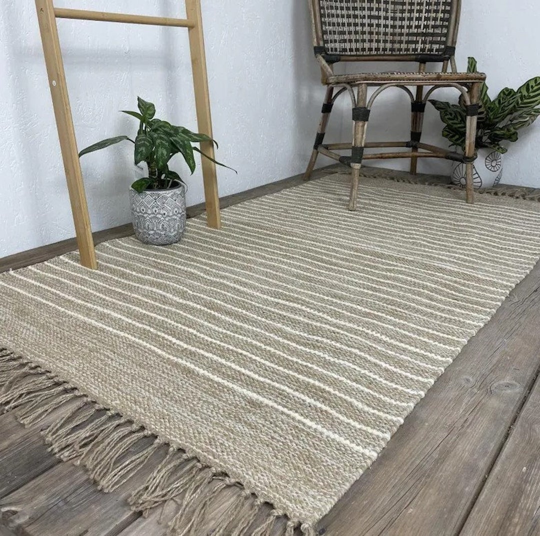 Cotton Jute Brown Tone Rugs Neutral Stripe 100% Natural Jute Rug Beige ...