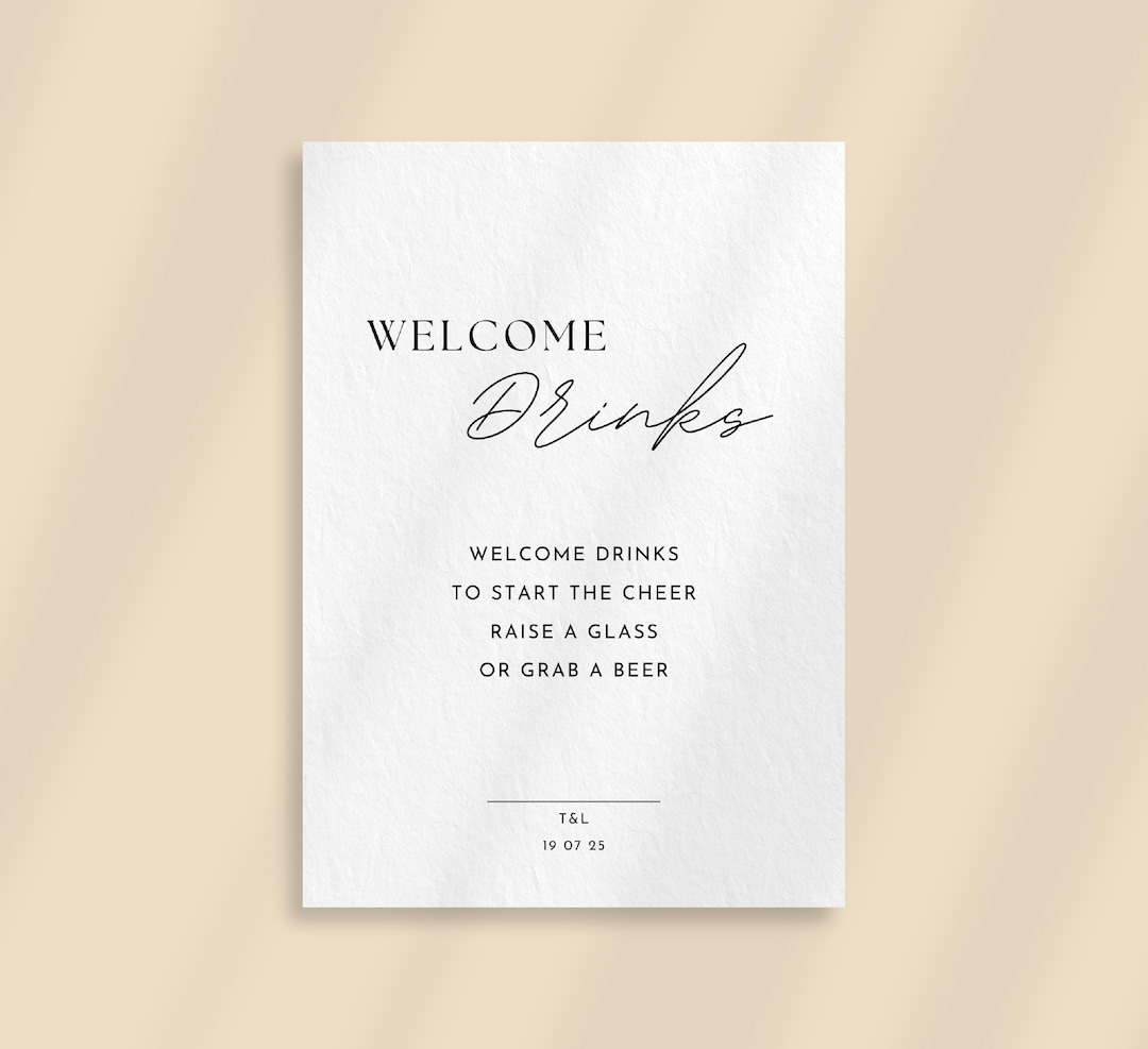 Wedding Welcome Drinks Sign, Personalised Reception Prints, Minimalist ...