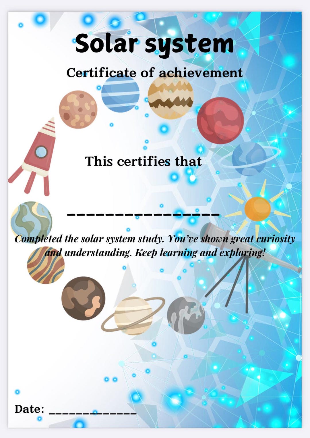 Solar System Study Certificate, Space, Home Education, Printable End of ...
