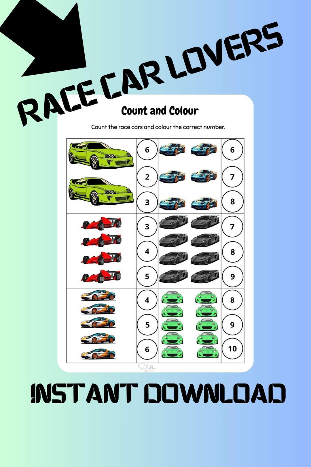 Instant Download, Printable, Race Car Counting Sheet, Practice Counting ...