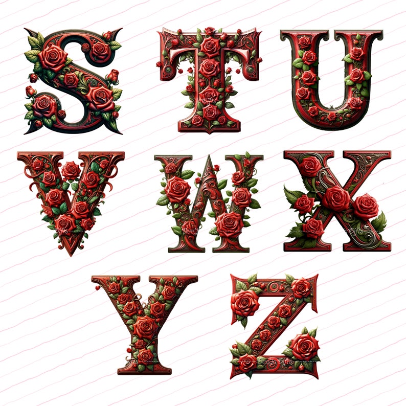 Vintage Gothic, Rose Alphabet, Numbers Set, 3D Effect, Alphabet Png ...