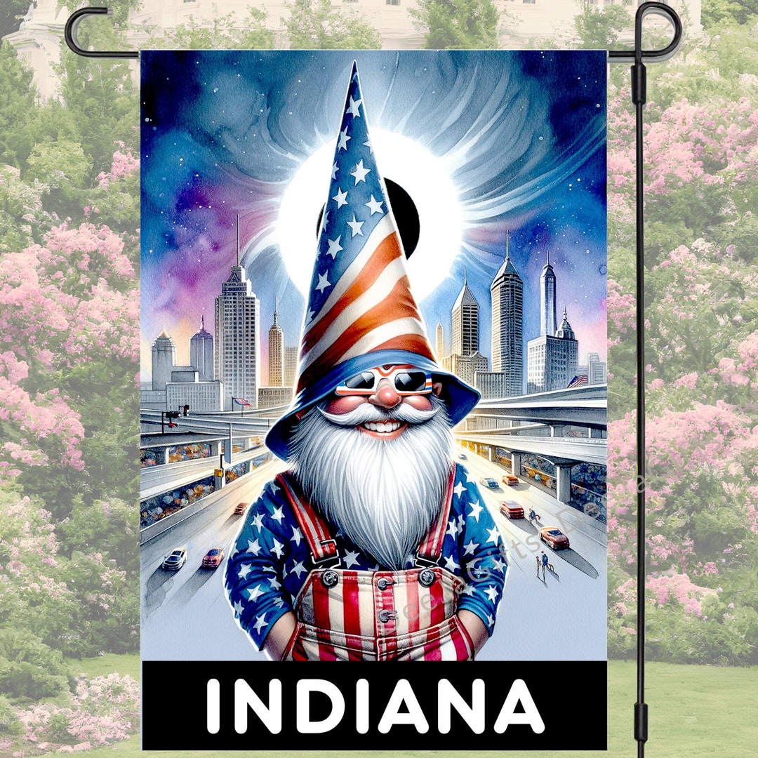 Indiana Total Solar Eclipse 2024 Png, Gnome Garden Flag Outdoor Spring ...
