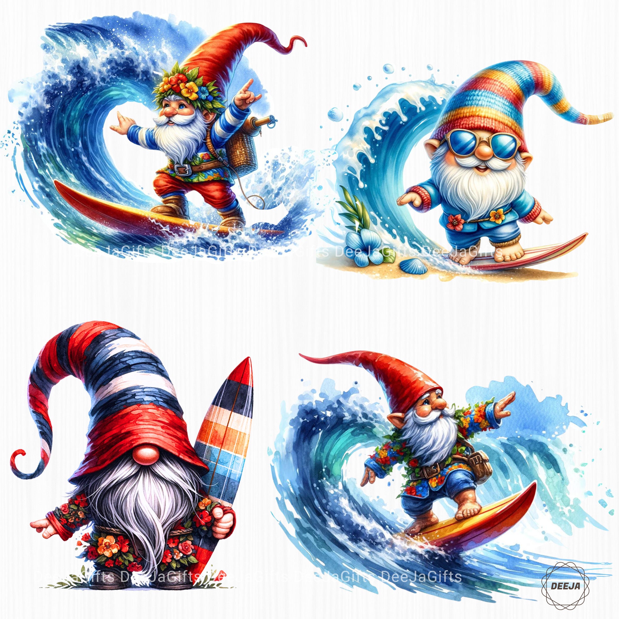 Watercolor Gothic Vintage Surf Gnome Clipart - 25 PNG, Beach Png ...