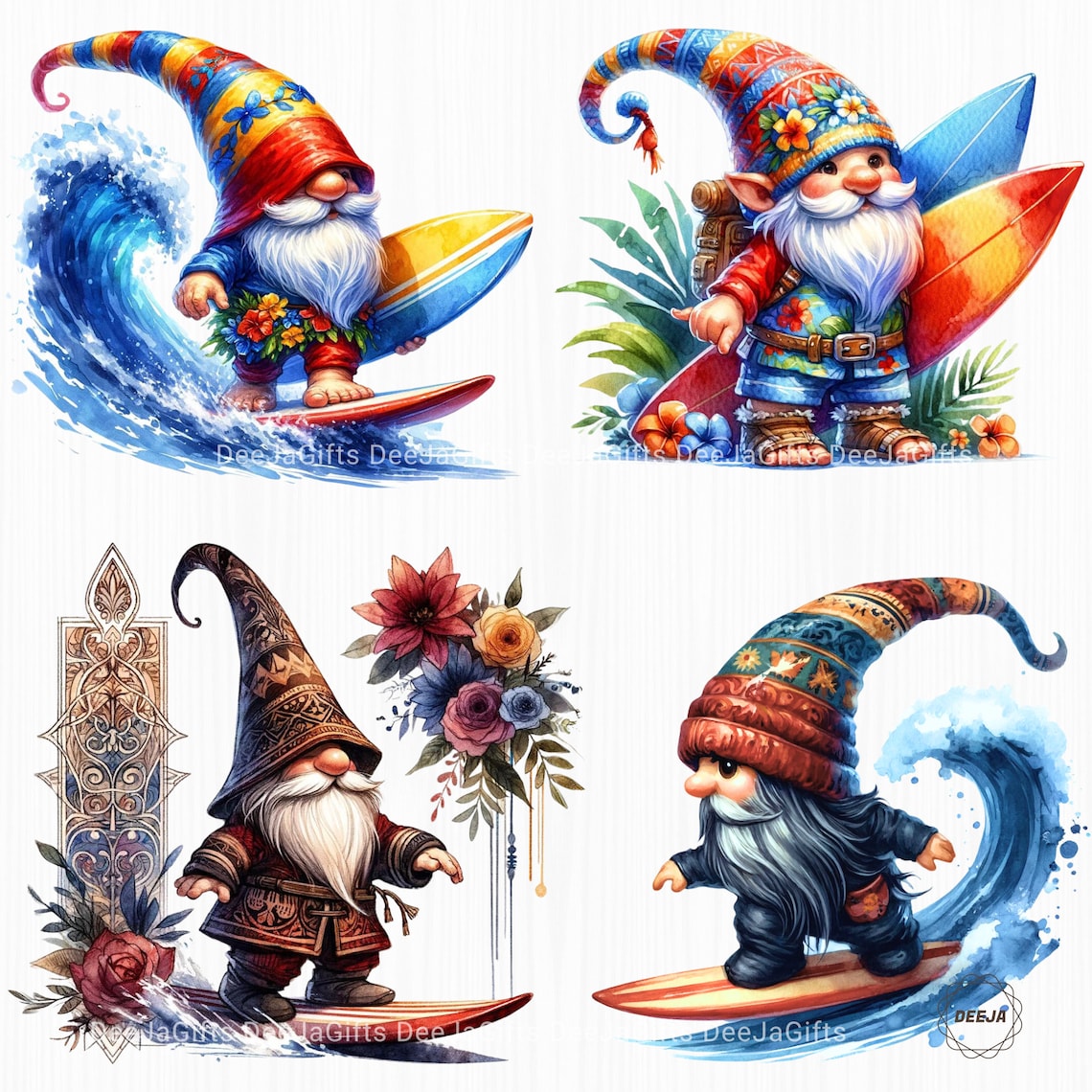 Watercolor Gothic Vintage Surf Gnome Clipart - 25 PNG, Beach Png ...