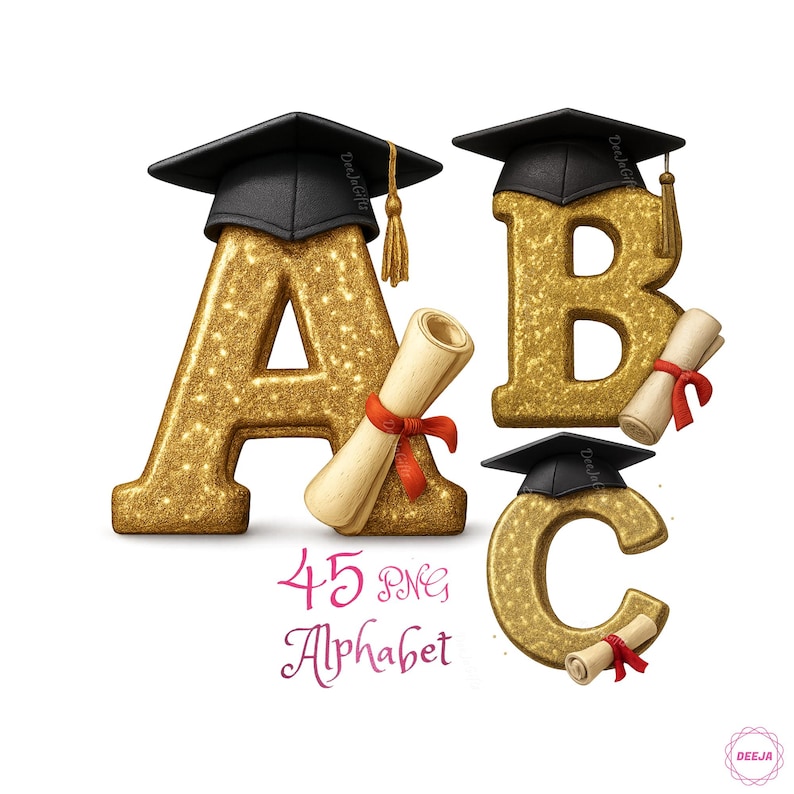 Gold Glitter Graduation Alphabet PNG: 45 Letters Clipart (digital ...