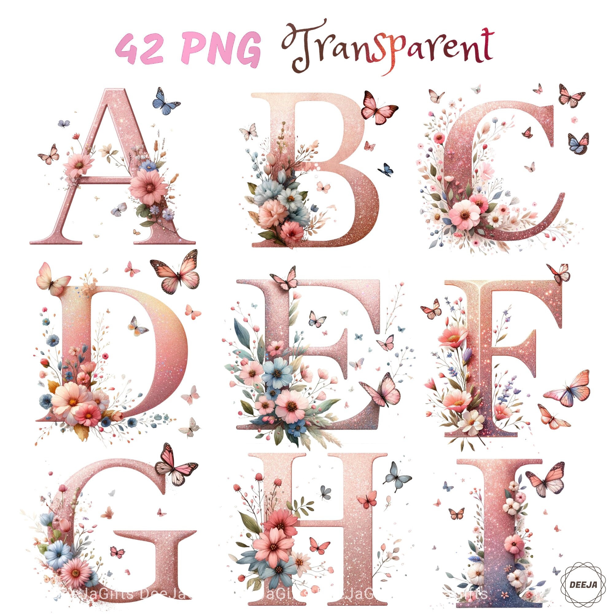 42 Elegant Floral Alphabet Clipart PNG - Pink Shimmer With Blooming ...