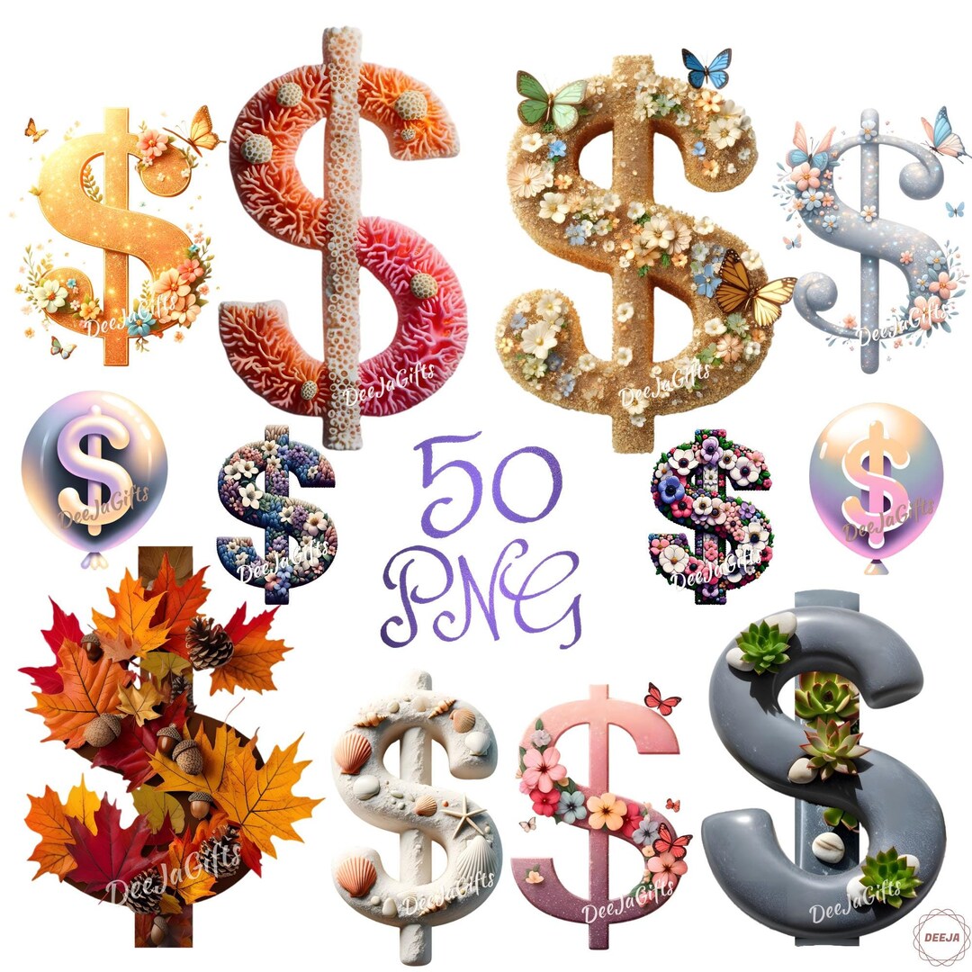 Digital Dollar Sign Alphabet Bundle - 50 PNG, Money Clipart, Instant ...