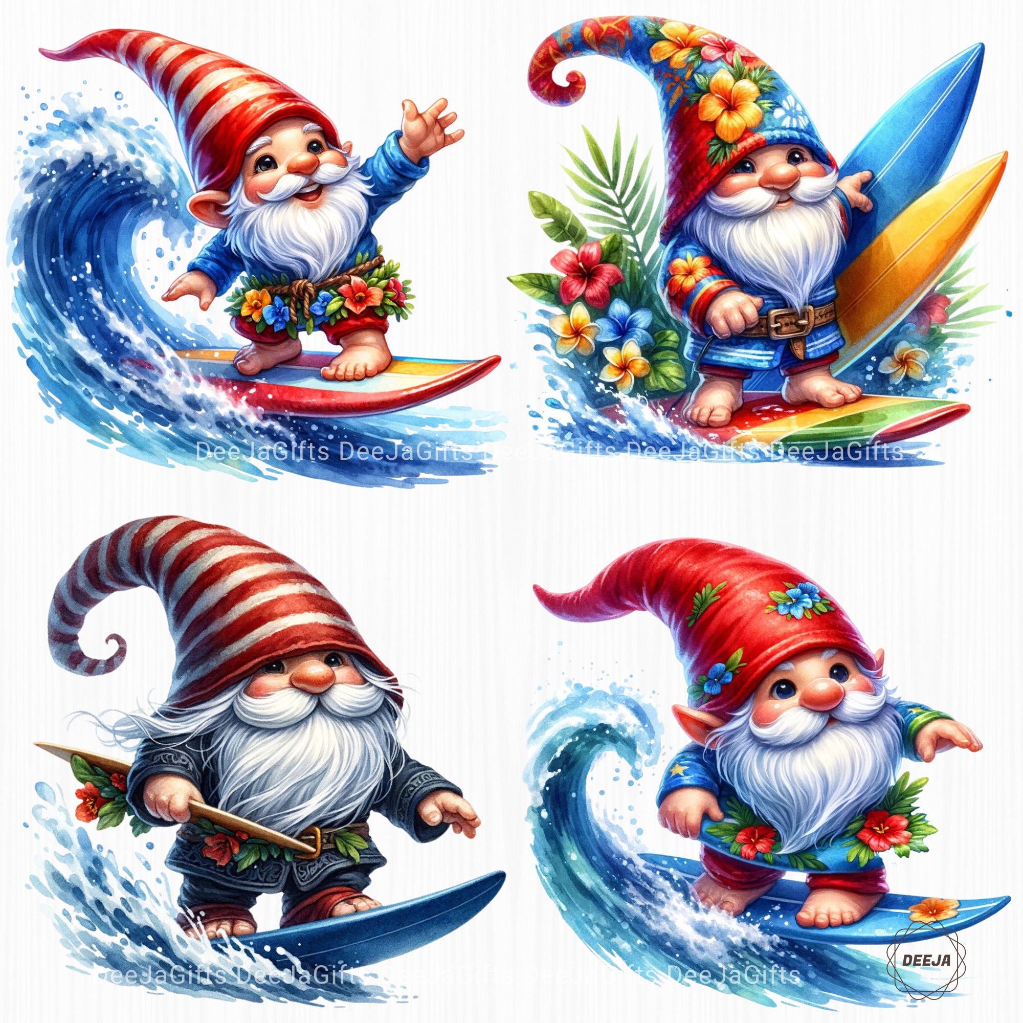 Watercolor Gothic Vintage Surf Gnome Clipart - 25 PNG, Beach Png ...
