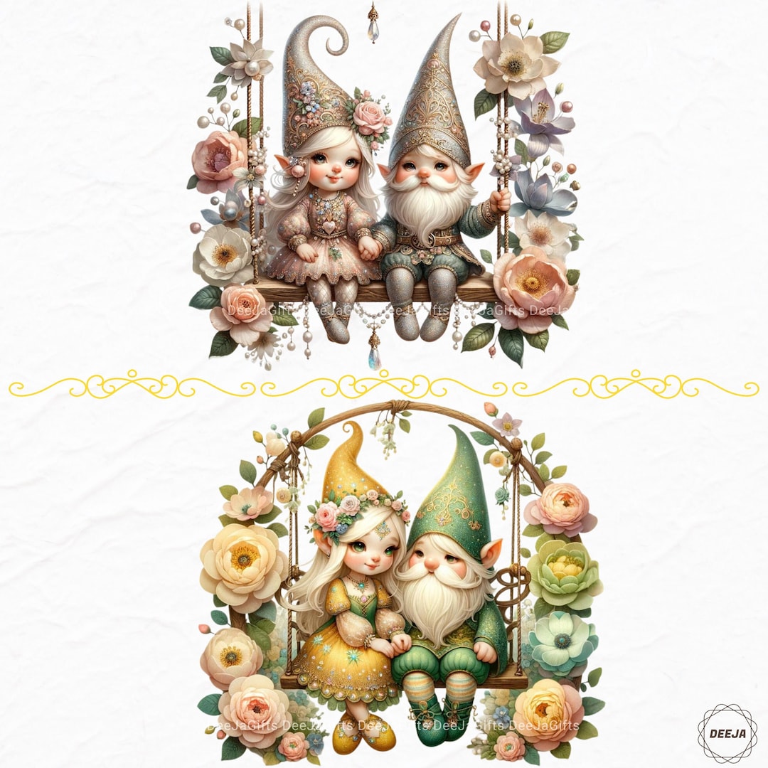Whimsical Swing Gnome Clipart - Digital Download, Garden Fantasy ...