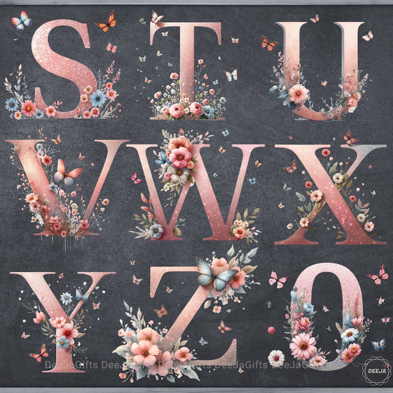 42 Elegant Floral Alphabet Clipart PNG - Pink Shimmer With Blooming ...