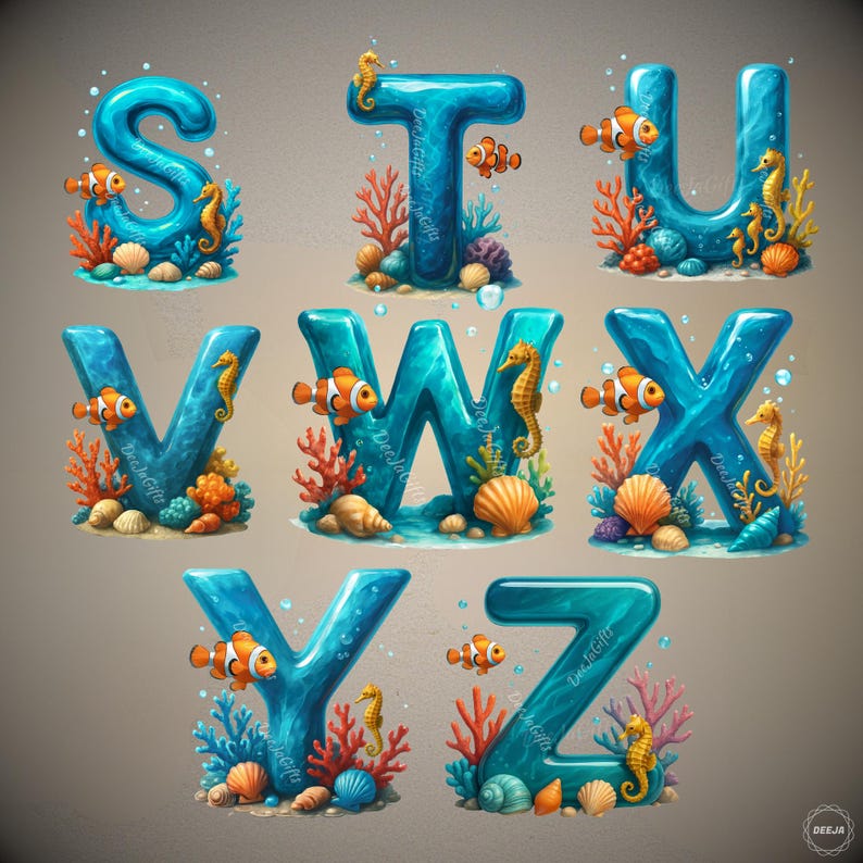 Ocean Alphabet Clipart: Sea-themed Letters, Numbers, Symbols (digital ...