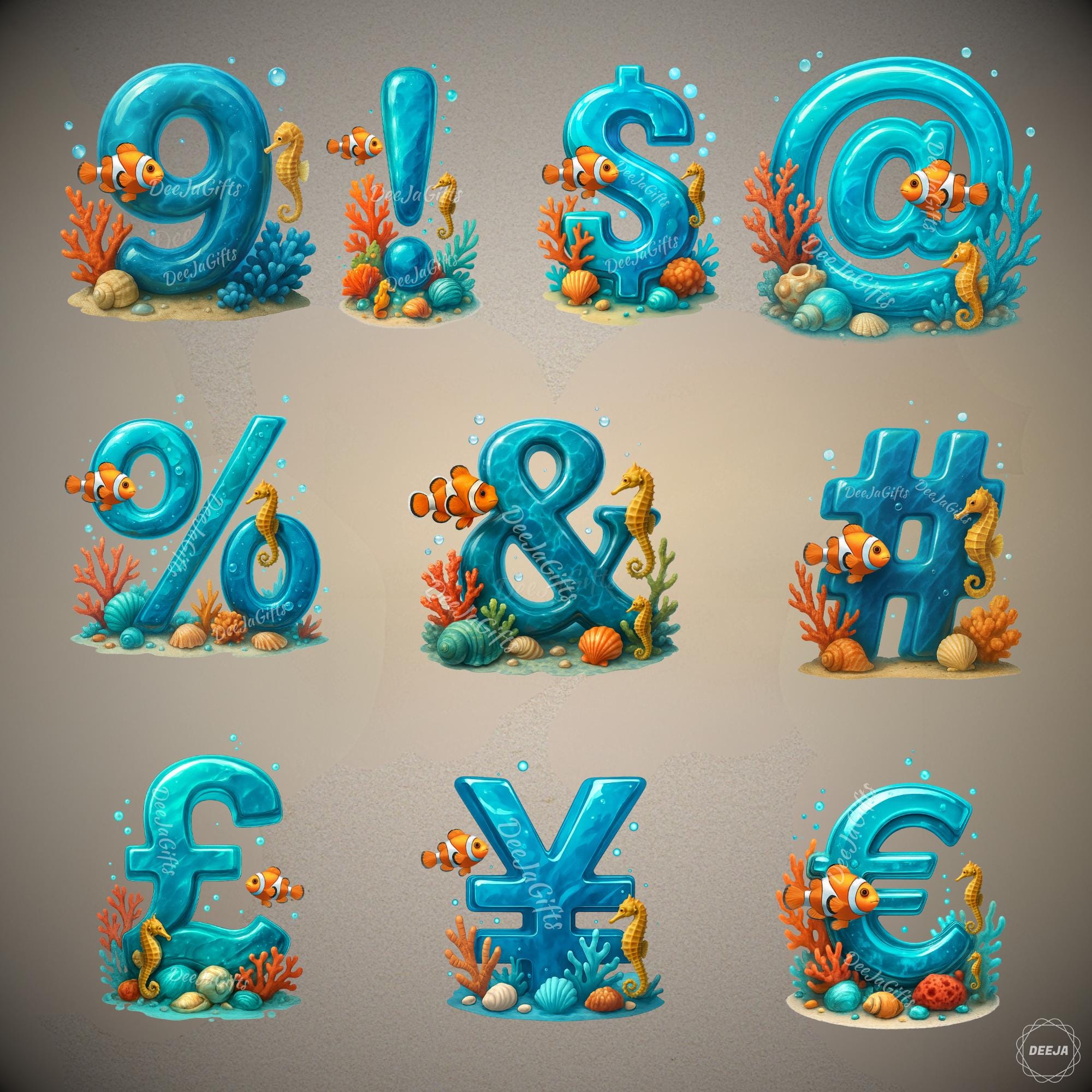 Ocean Alphabet Clipart: Sea-themed Letters, Numbers, Symbols (digital ...