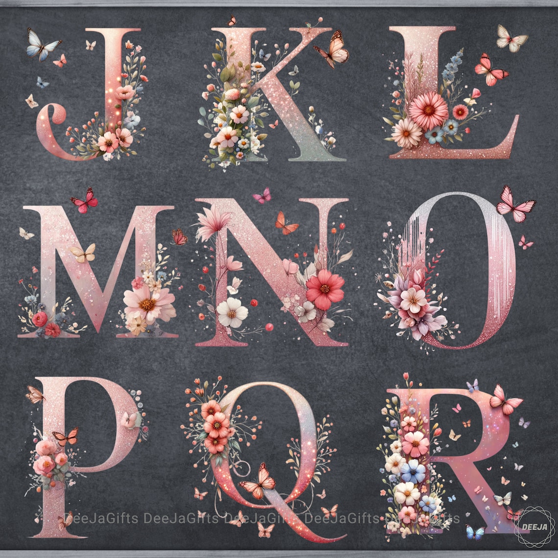Floral Alphabet Clipart: Pink Shimmer, Flowers, Butterflies L Christmas ...