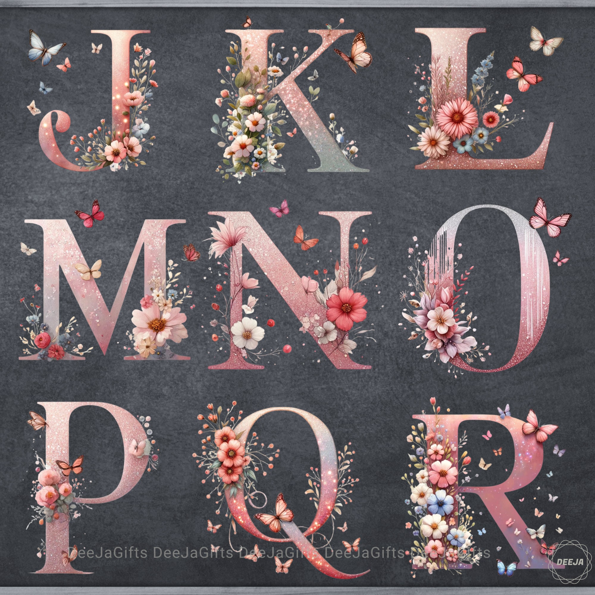 42 Elegant Floral Alphabet Clipart PNG - Pink Shimmer With Blooming ...