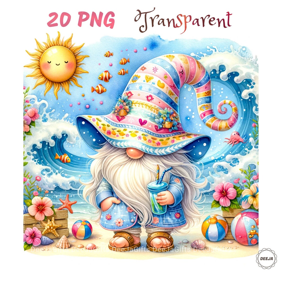 Beach Gnome Clipart Bundle - 20 Tropical Gnome Illustrations, Summer ...