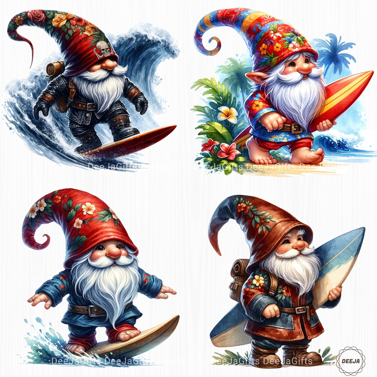 Watercolor Gothic Vintage Surf Gnome Clipart - 25 PNG, Beach Png ...