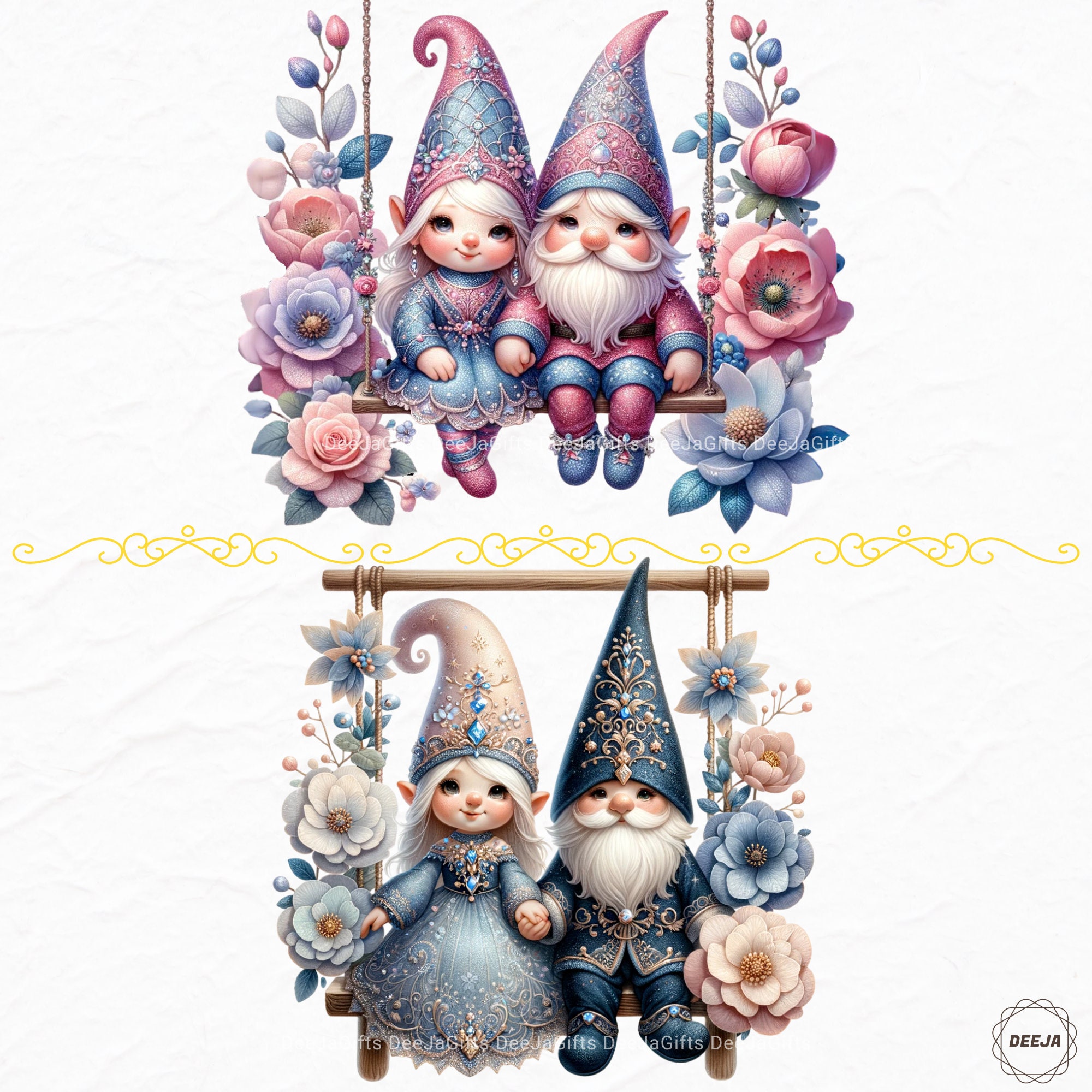 Whimsical Swing Gnome Clipart - Digital Download, Garden Fantasy ...