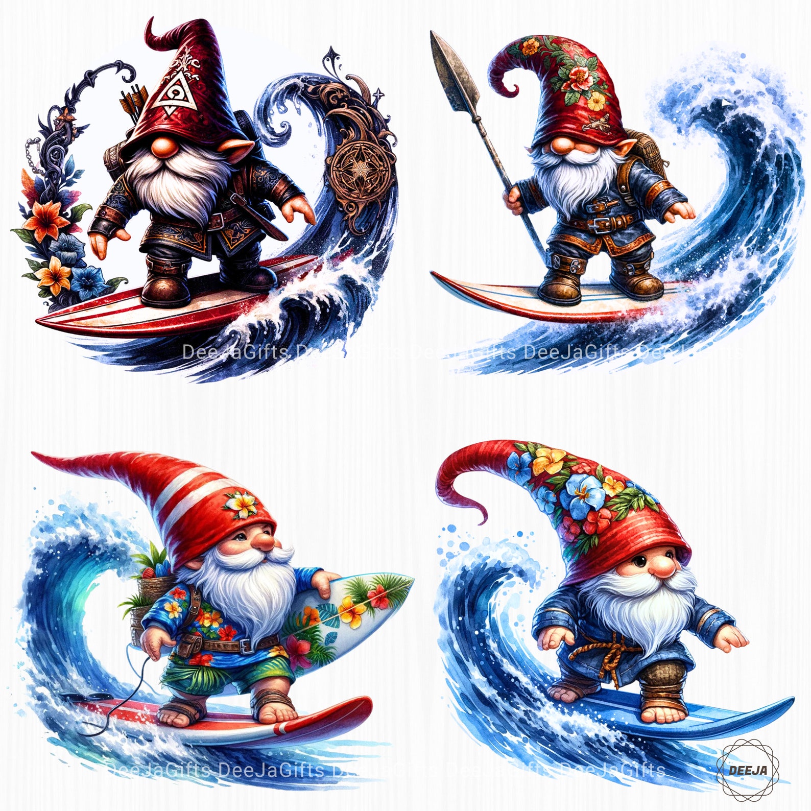Watercolor Gothic Vintage Surf Gnome Clipart - 25 PNG, Beach Png ...
