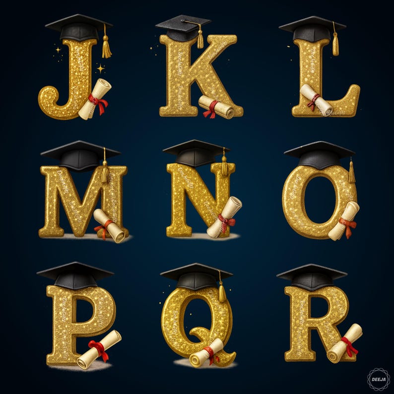 Graduation Gold Alphabet PNG | 45 Glitter Letters With Cap & Diploma ...
