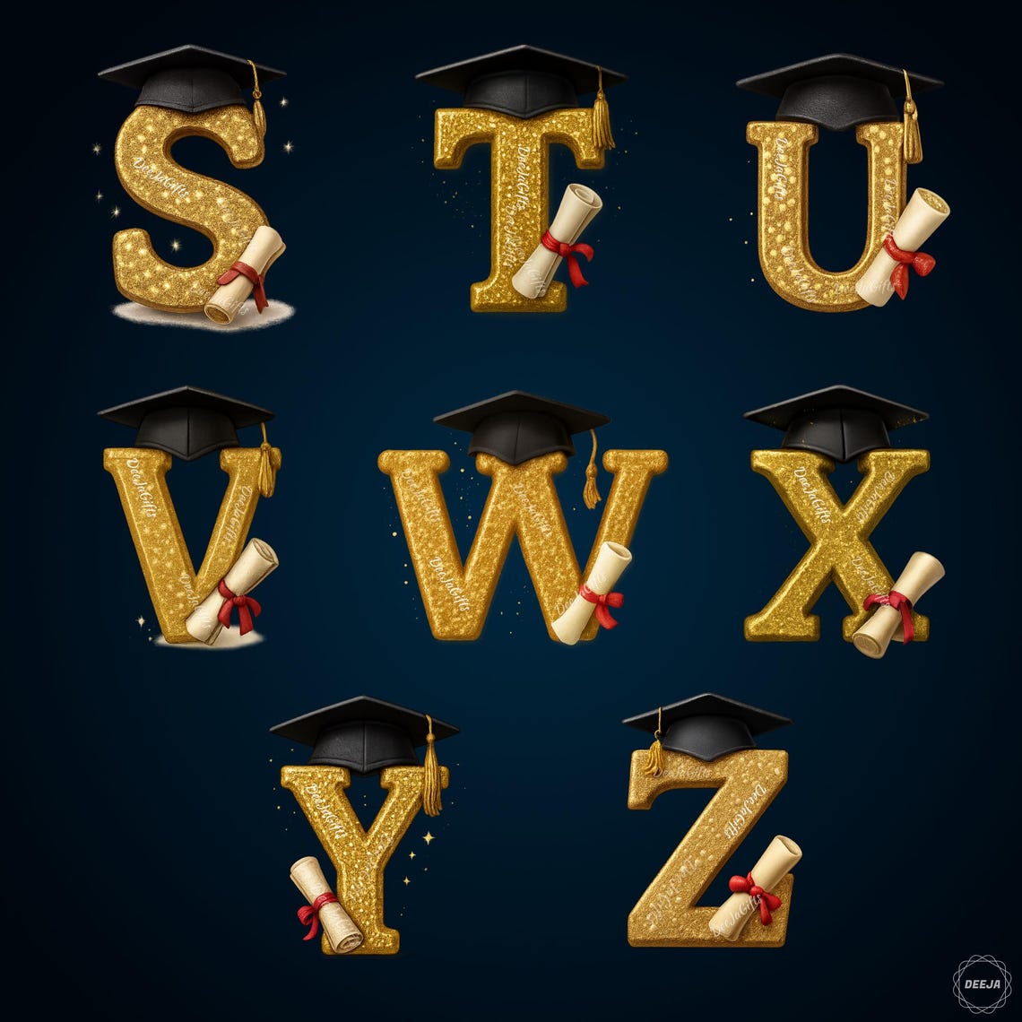 Graduation Gold Alphabet PNG | 45 Glitter Letters With Cap & Diploma ...