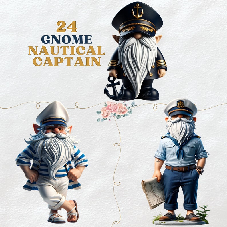 Watercolor Nautical Gnome Clipart, 24 High Quality PNG Files, Marine ...