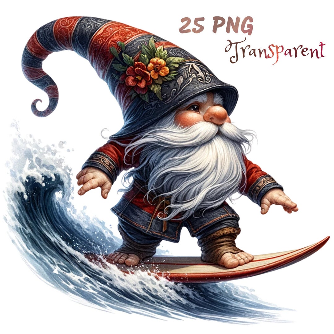 Watercolor Gothic Vintage Surf Gnome Clipart - 25 PNG, Beach Png ...