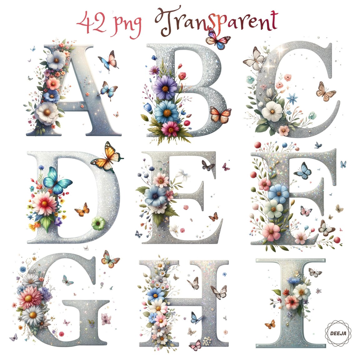 Elegant Floral Alphabet Clipart PNG Decorated With Blooming Flowers ...