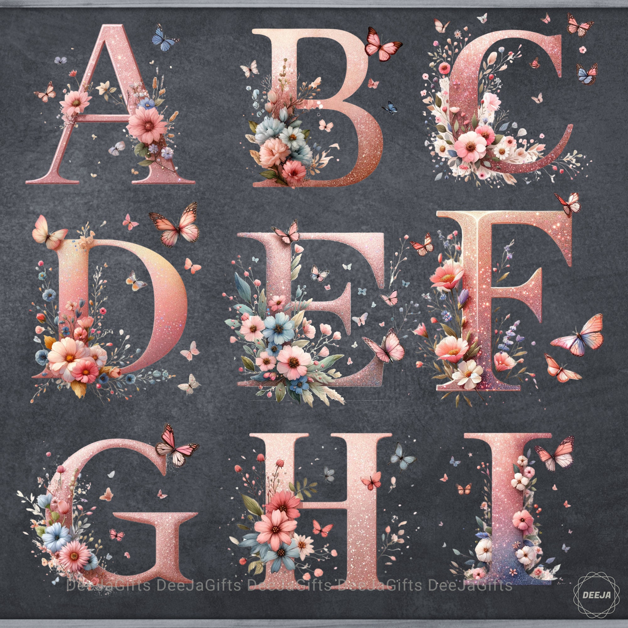 42 Elegant Floral Alphabet Clipart PNG - Pink Shimmer With Blooming ...