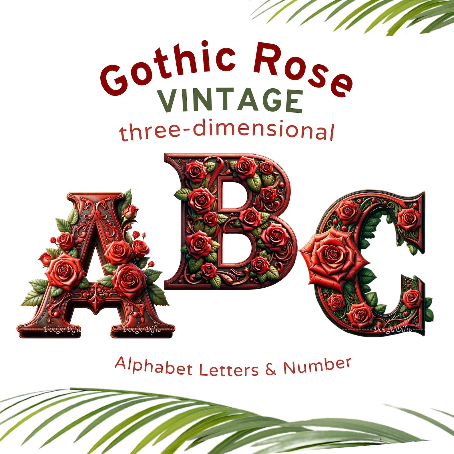 Vintage Gothic, Rose Alphabet, Numbers Set, 3D Effect, Alphabet Png ...