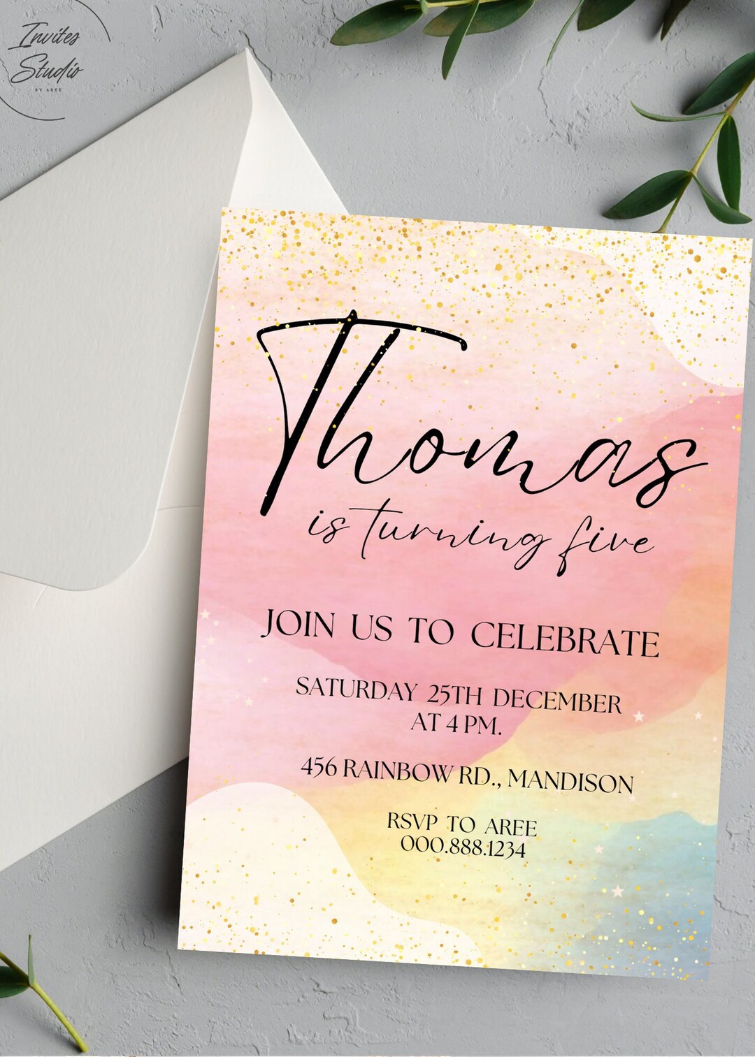 Editable, Pastel Birthday Invitation, Rainbow Party, Colorful Pastel ...