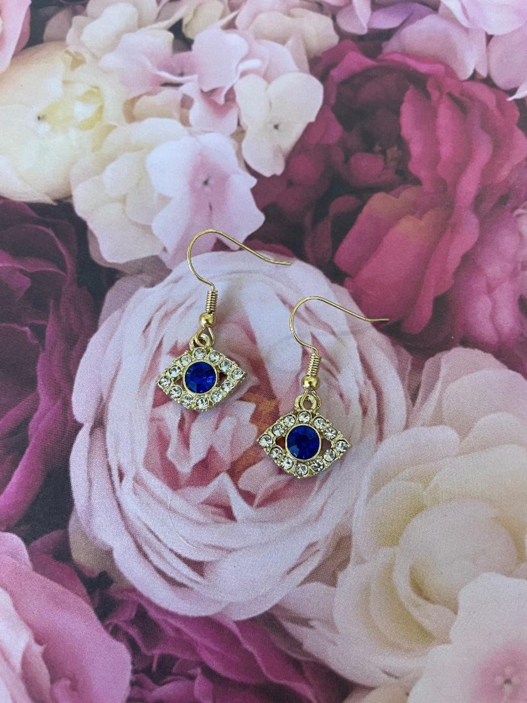 Gold and Blue Eye Shaped Evil Eye Drop Earrings With Silver Rhinestones ...