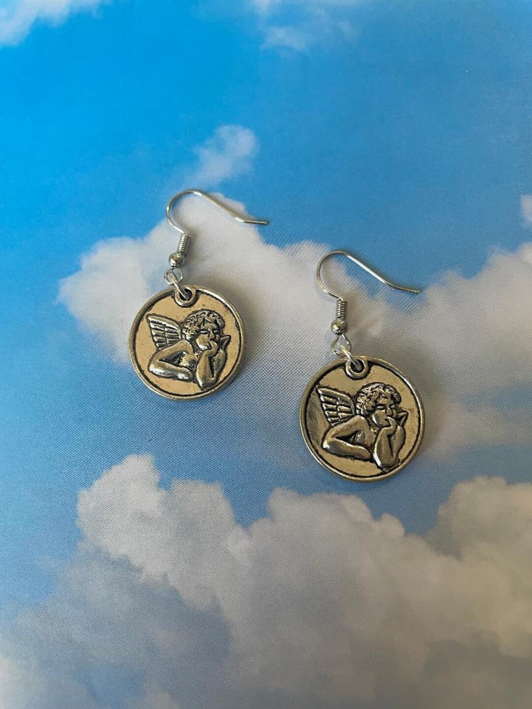 Silver Colored Coin Drop Earrings With Cherub Angel Motif - Etsy
