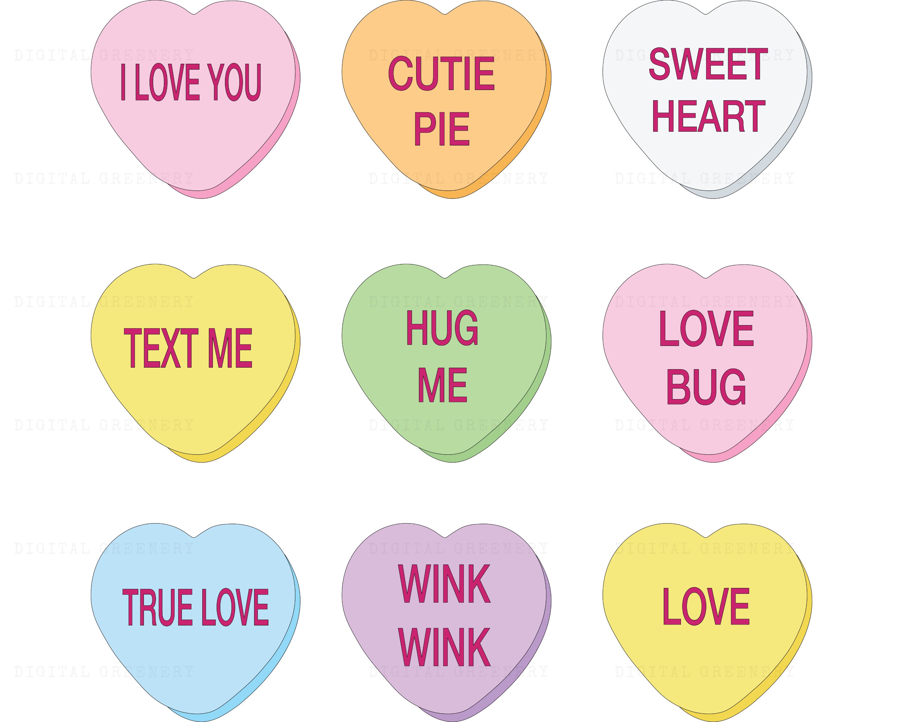 Candy Hearts SVG Cut Files, Set of 36, Valentine's Day Sweethearts SVG ...